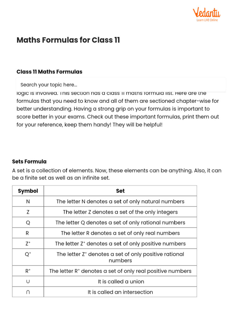 Maths Formulas for Class 11 | PDF