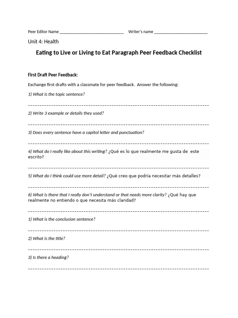 Eat To Live Peer Feedback Checklist | PDF