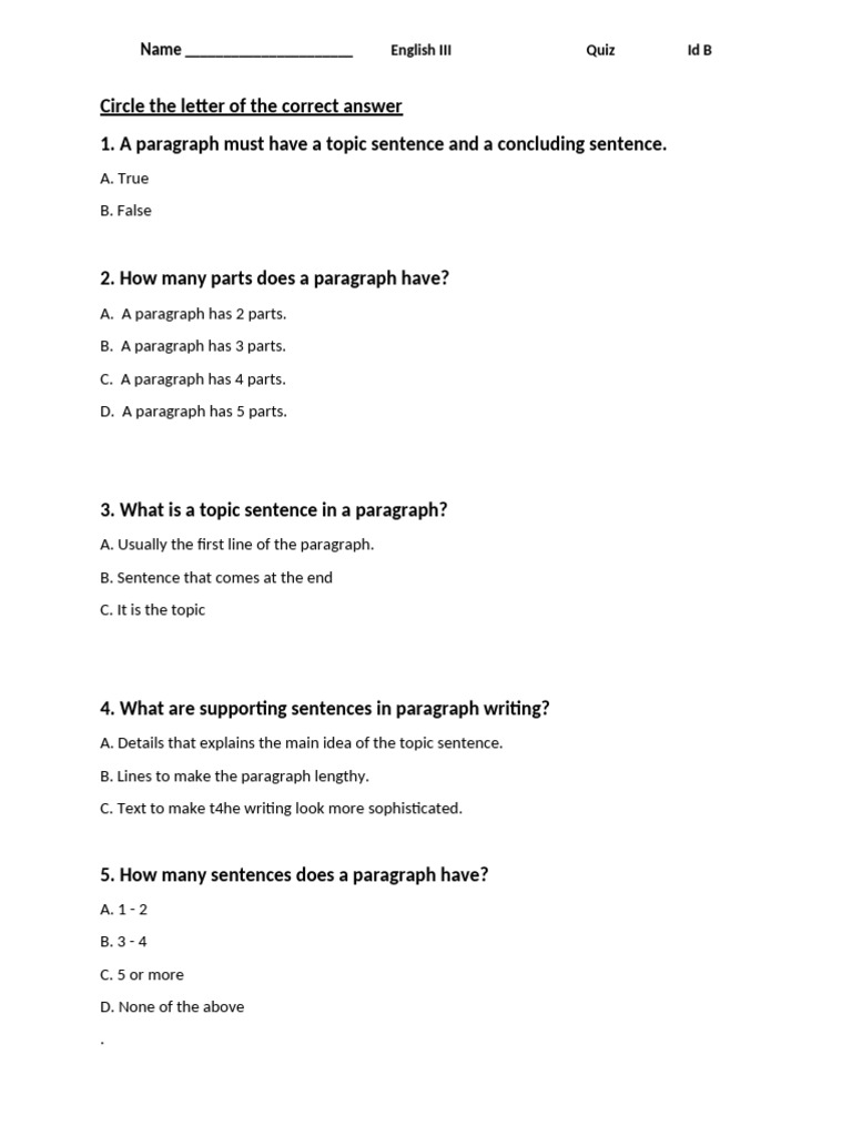 English III Paragraph Writing Quiz | PDF | Paragraph