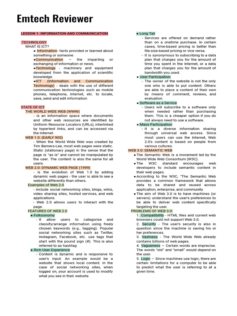 Emtech Reviewer | PDF | World Wide Web | Internet & Web