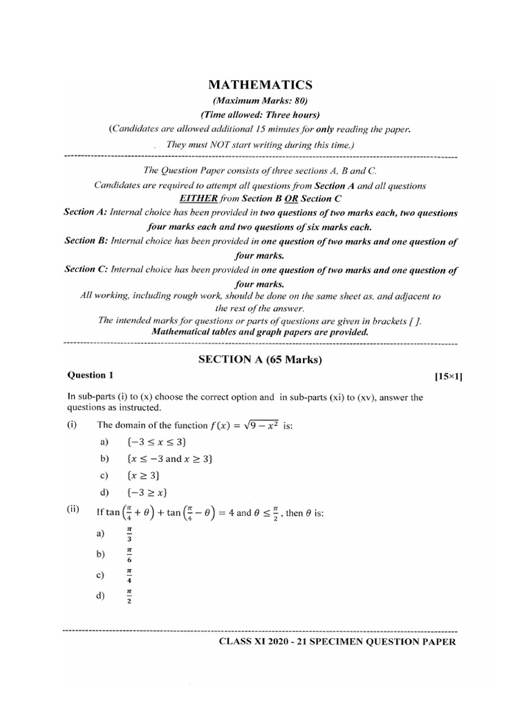 ISC Class 11 Maths 2021 Specimen Sample Paper | PDF