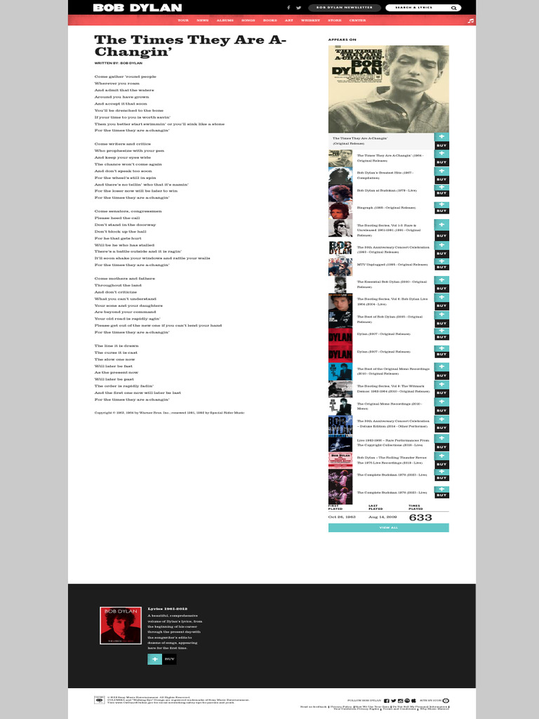 The Times They Are A-Changin' - The Official Bob Dylan Site | PDF | Bob ...