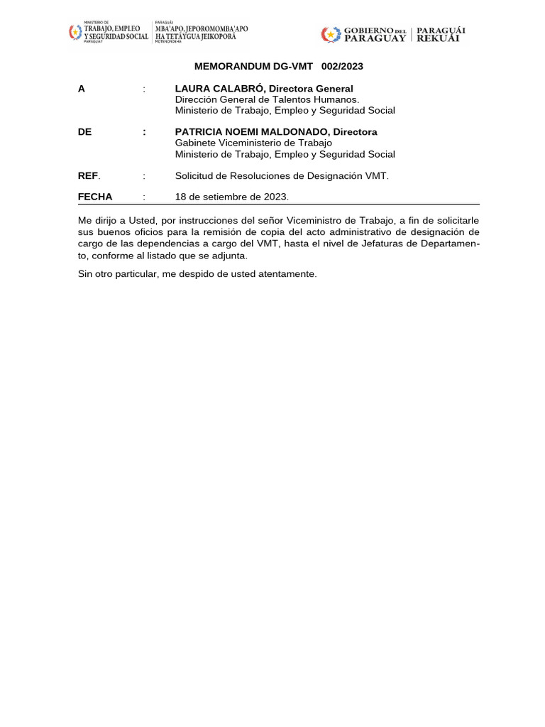 Memo DG-VMT 002-23. Solicitud de Resoluciones de Designación VMT. (1) | PDF