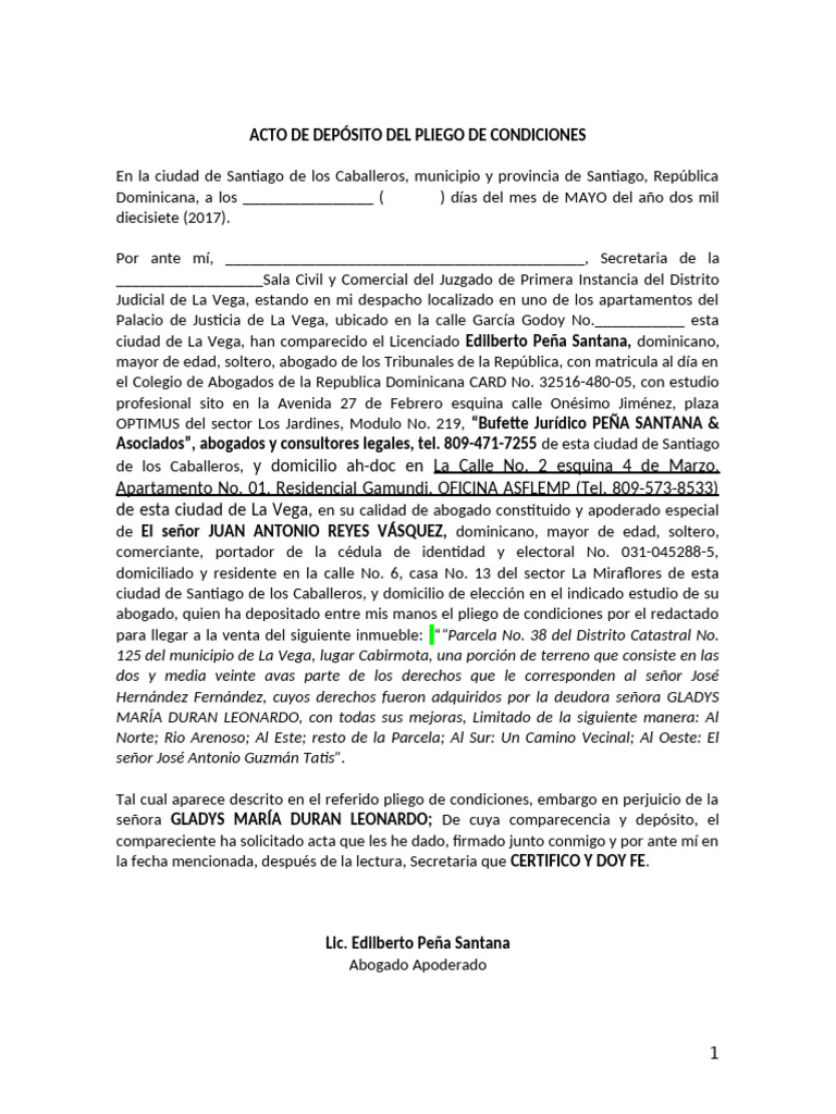 Acto de Depósito de Pliego de Condiciones | PDF | Abogado | República ...