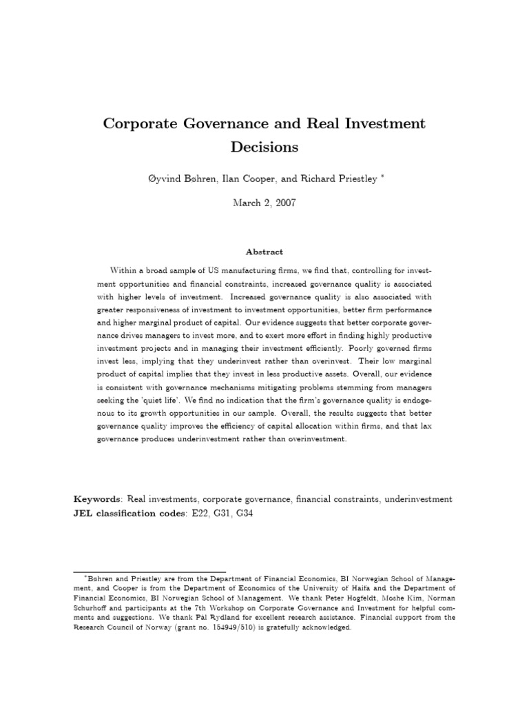 Corporate Governance and Real Investment Decisions | PDF | Investing ...