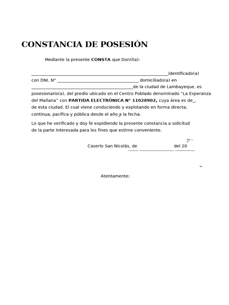 CONSTANCIA DE POSESIÓN | PDF
