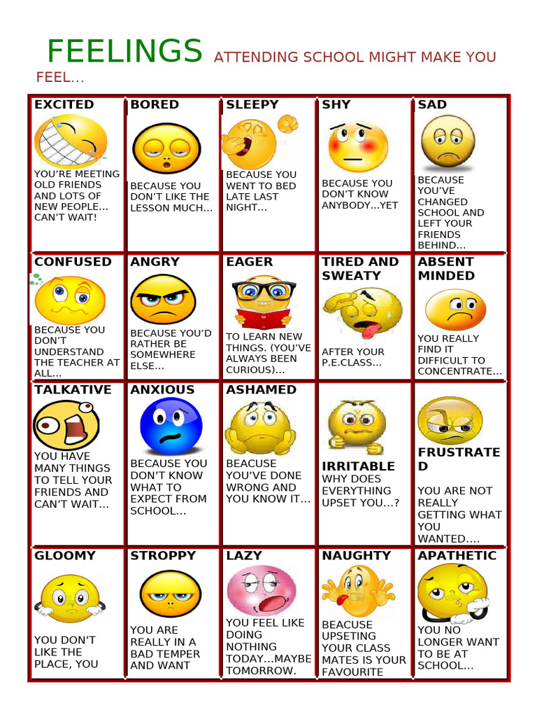 Feelings in The Classroom Picture Description Exercises Picture ...