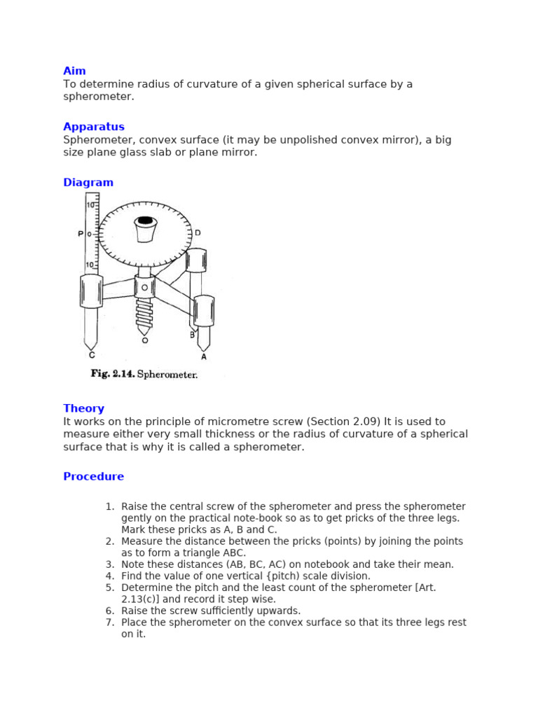 Spherometer Experiment | PDF | Curvature
