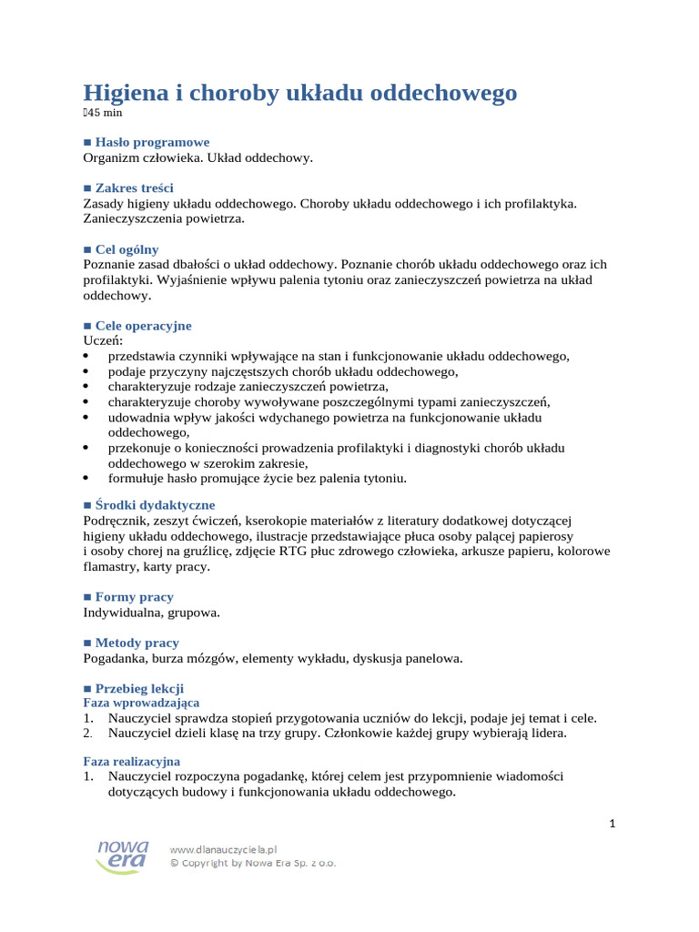 Scenariusz Higiena I Choroby Ukladu Oddechowego | PDF