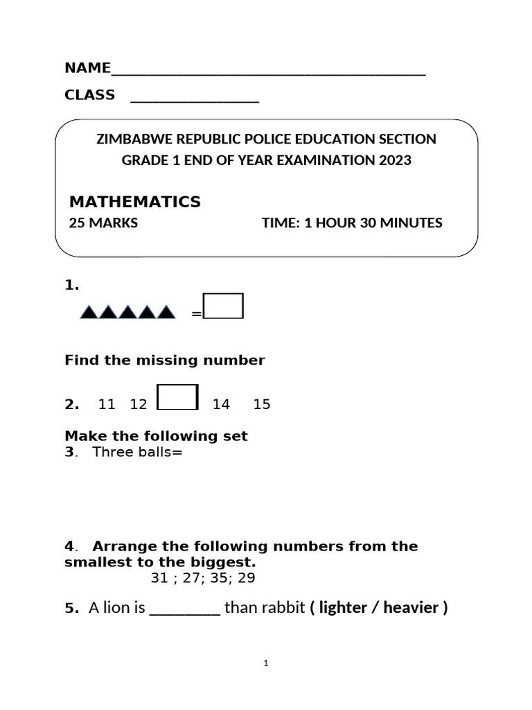 Grade 1 End of Year Maths Exam 2023 | PDF