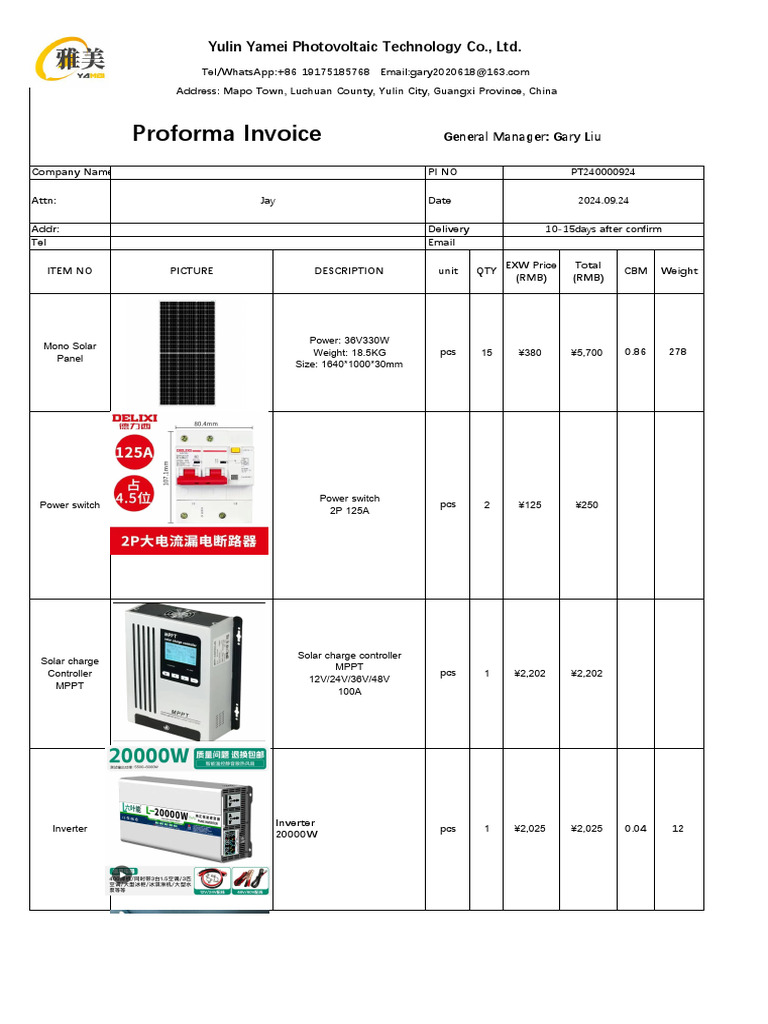 Proforma Invoice for Solar Equipment | PDF | Photovoltaic System ...