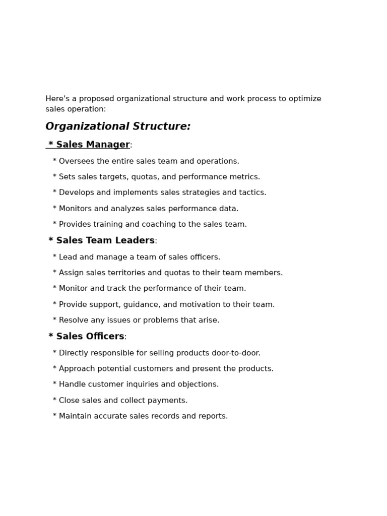 Sales Organizational Structure | PDF | Sales | Incentive