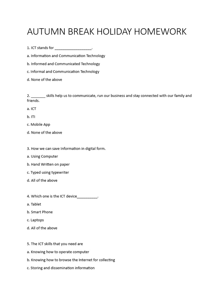 AUTUMN - BREAK - HOLIDAY - HOMEWORK - Class - 9 (1) IT | PDF | Mobile ...