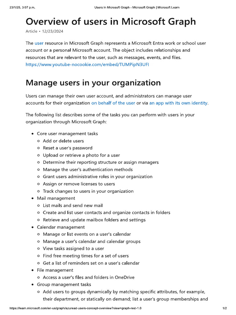 Overview of Users in Microsoft Graph | PDF