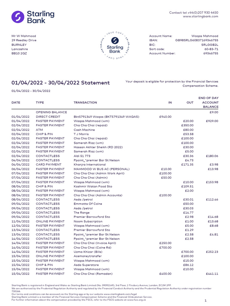 April 2022 Starling Bank Statement | PDF | Financial Technology ...