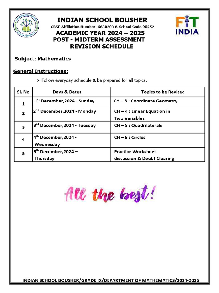 GR9 - MATHS - POST MIDTERM ASSESSMENT - Revision Schedule AY 2024-2025 ...
