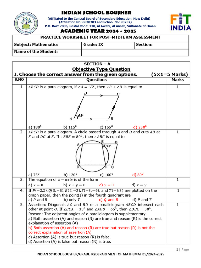 Practice Worksheet - Grade 9-Math-Post-Midterm - Assessment - Ay2024-25 ...