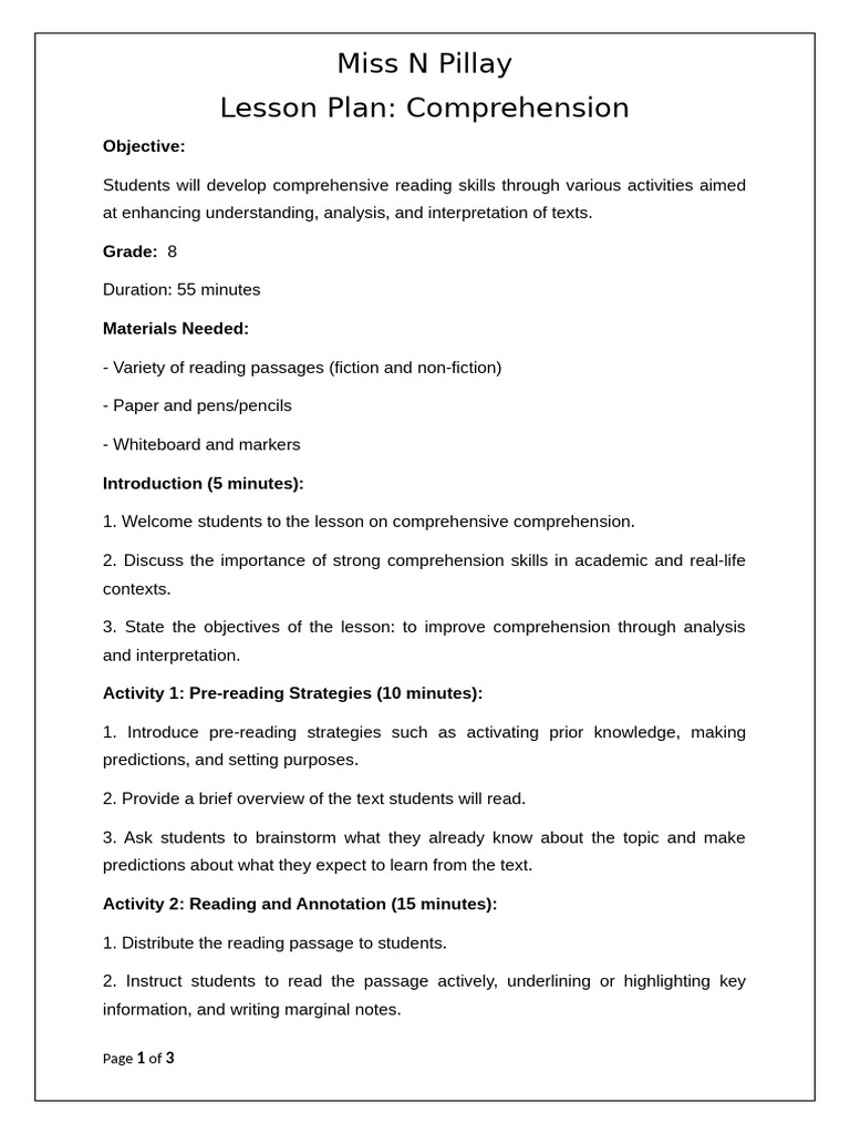 Lesson Plan, Comprehension | PDF | Reading Comprehension | Education Theory