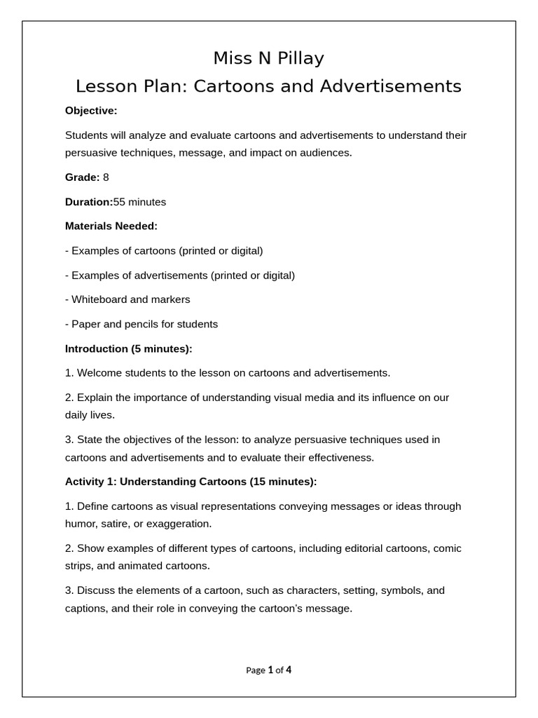 Lesson Plan, Cartoons and Advertisements | PDF | Advertising | Cartoon