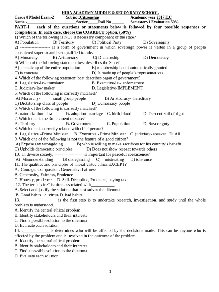 Grade 8 Citizenship Model Exam 2 | PDF | Courage | Prudence
