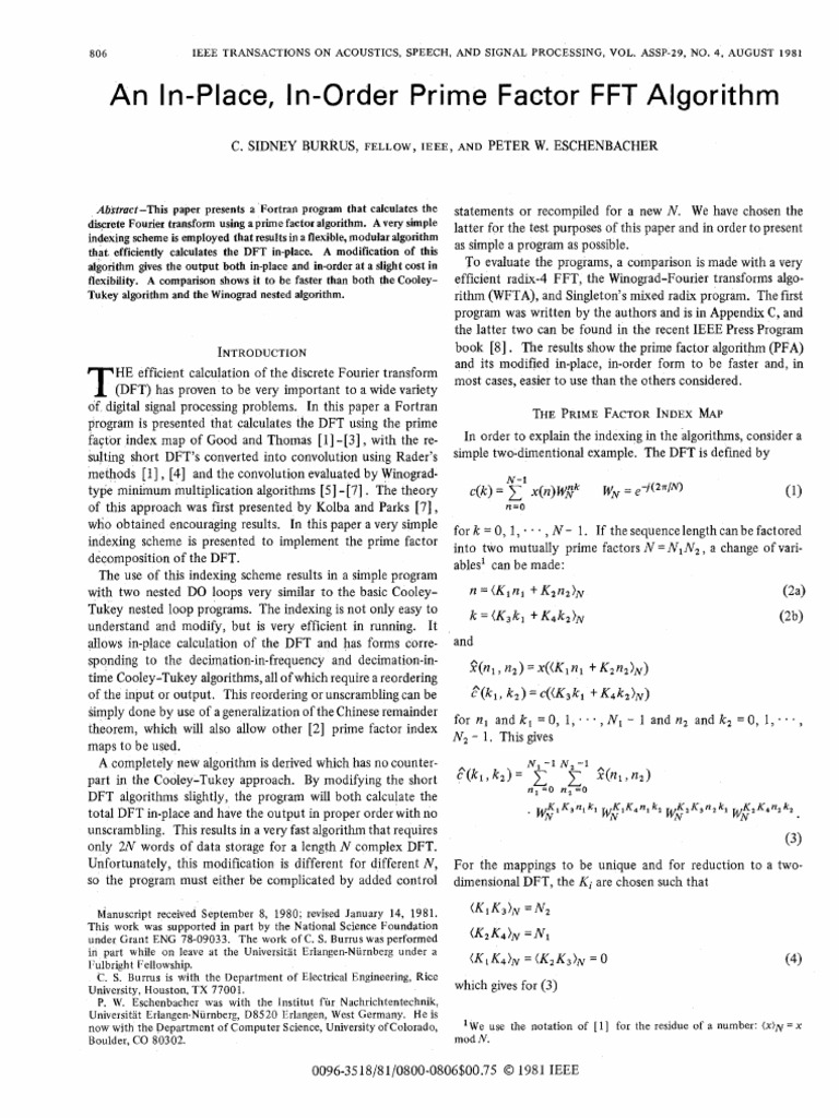 In-Place, In-Order Prime Factor FFT Algorithm: DFT's | PDF | Fast Fourier Transform | Discrete ...