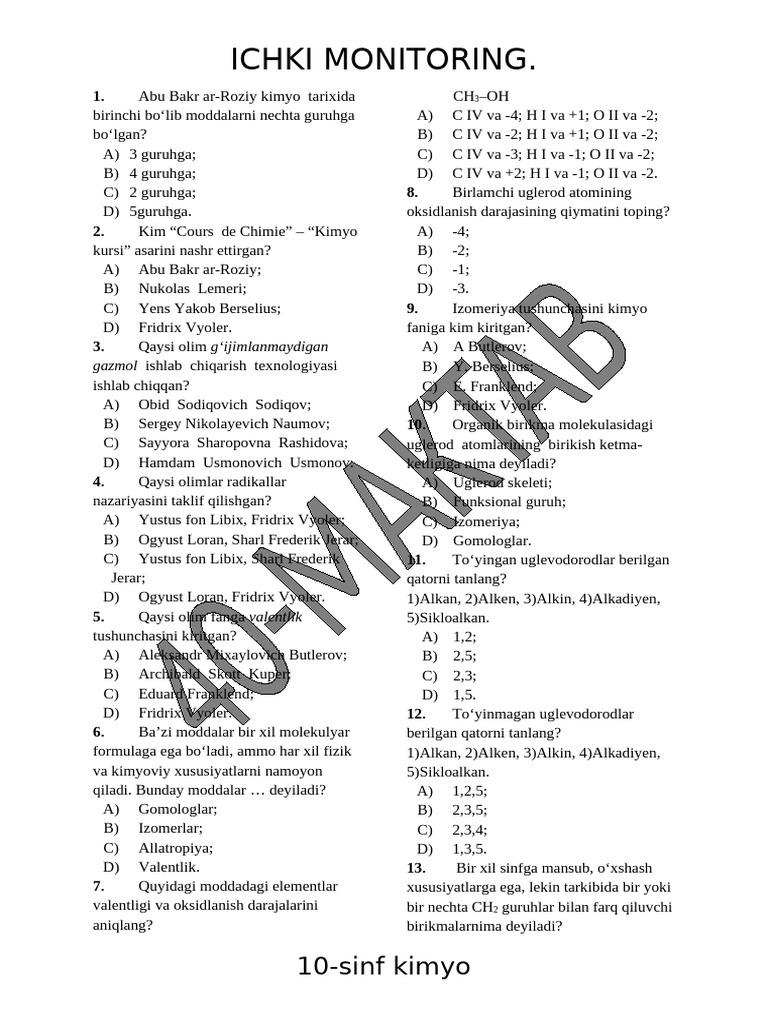 Kimyo 10-Sinf, Ichki Monitoring | PDF