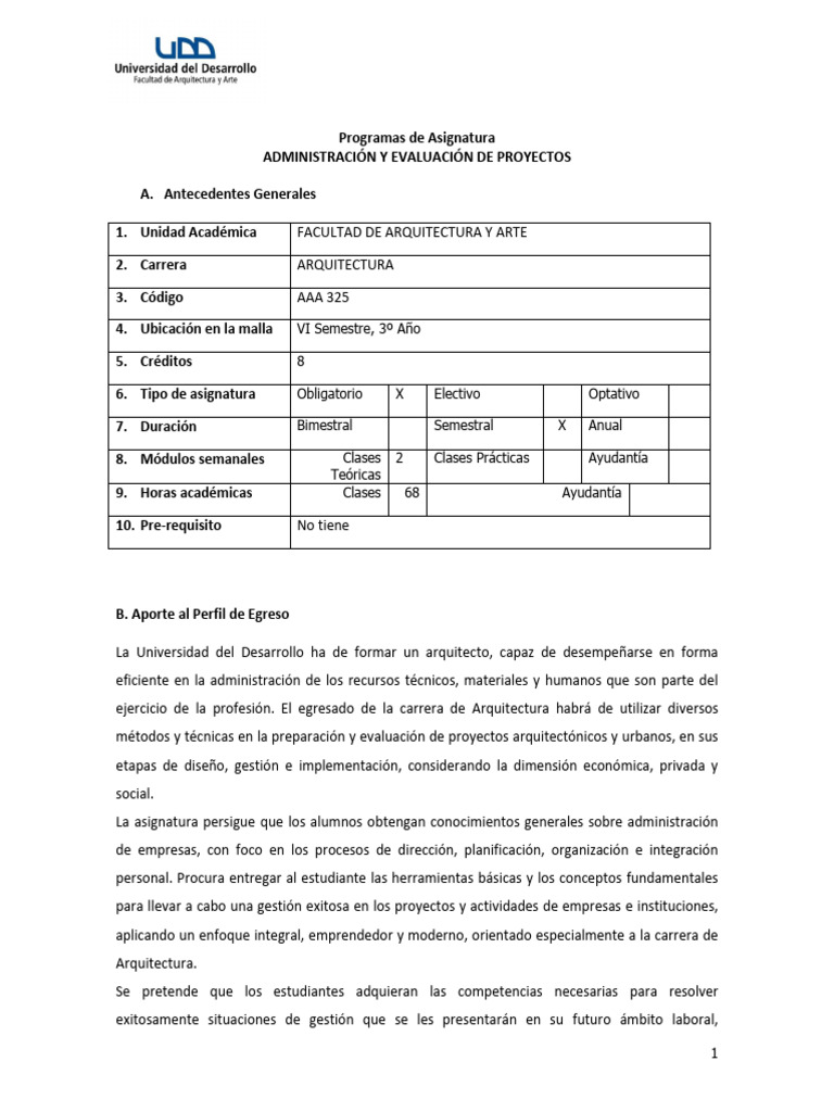 Programa Administracion y Evaluacion de Proyectos UDD | PDF | Business | Evaluación