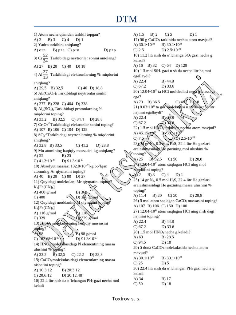 11-sinf kimyo DTM-1 | PDF | Quantity | Metrology