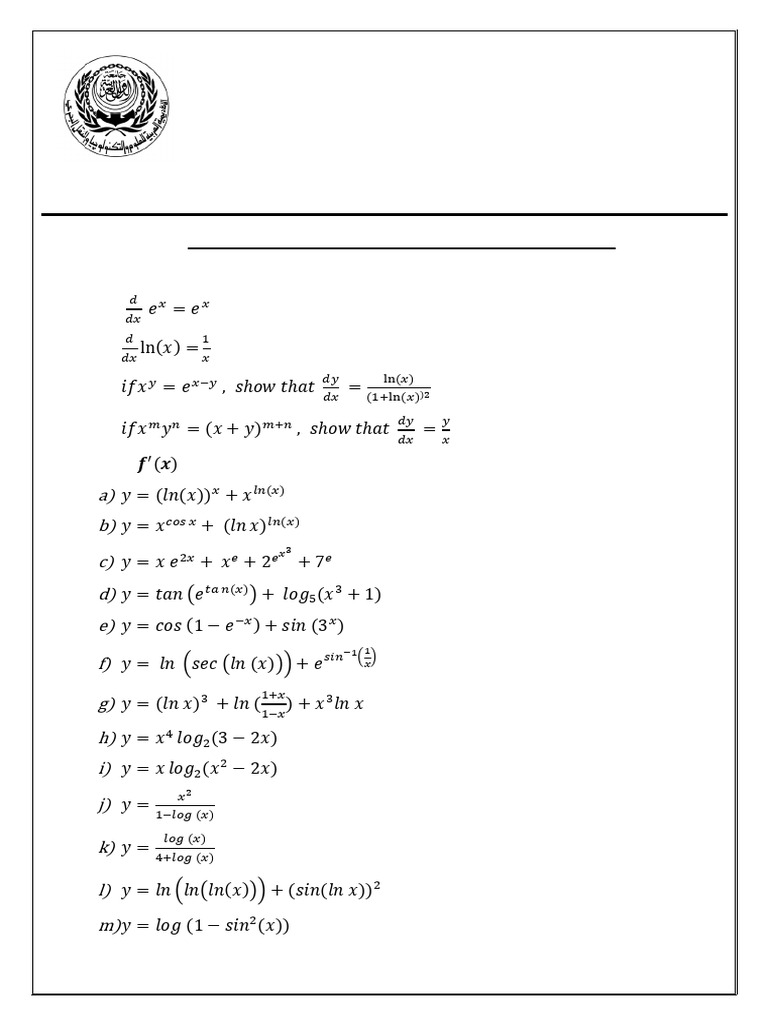 Derivative of Logarithmic Functions (9) : College of Engineering & Technology | PDF