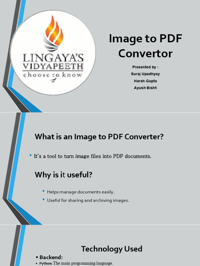 Image To PDF Convertor: Presented By: Suraj Upadhyay Harsh Gupta Ayush Bish | PDF