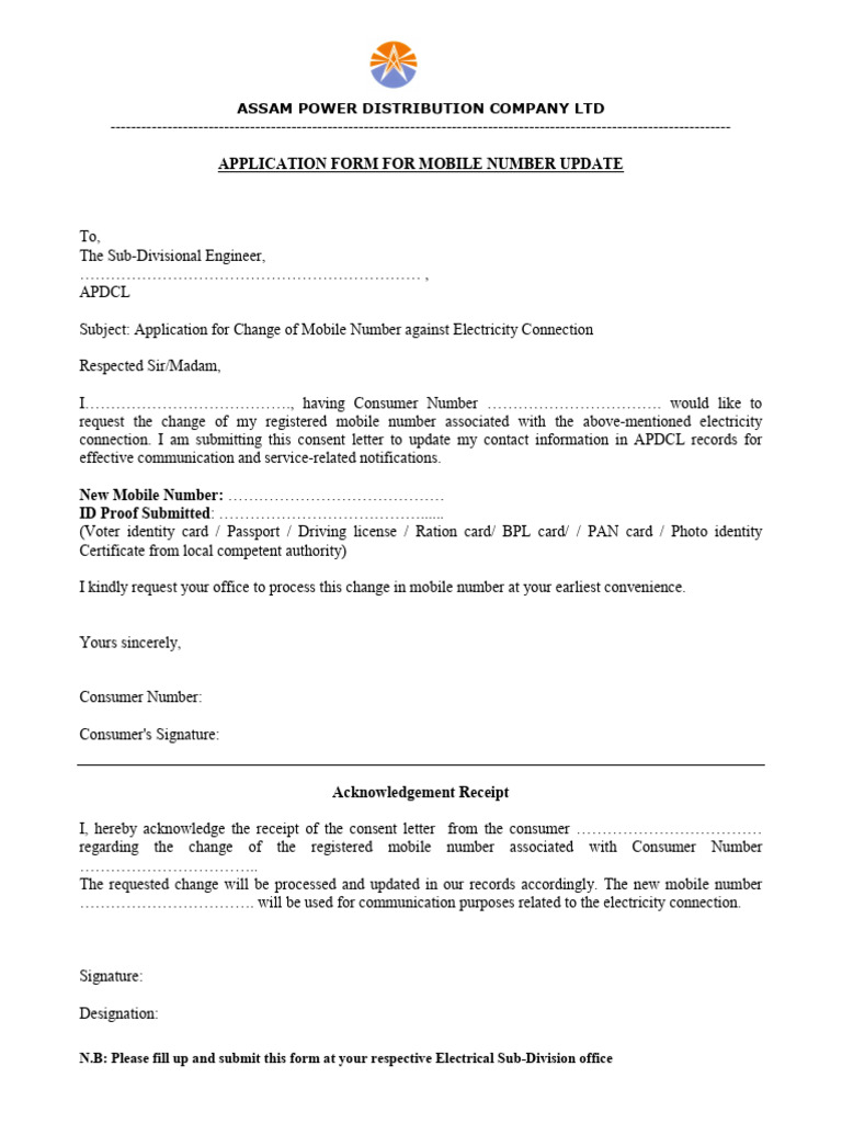APDCL Mobile Number Update Application | PDF