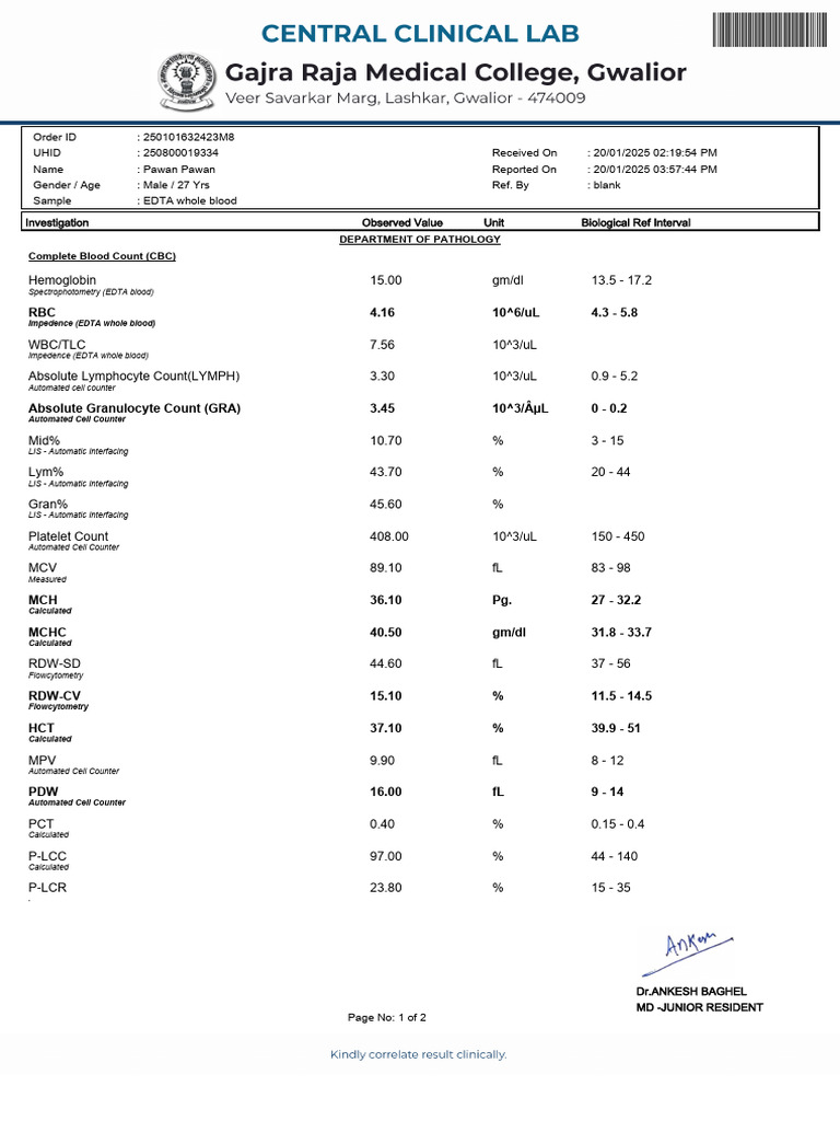 Complete Blood Count Report for Pawan | PDF | Animal Anatomy | Medical ...