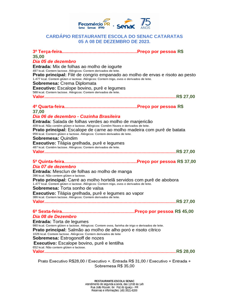 Cardápio SENAC Foz: 5 a 8 Dez 2023 | PDF | Culináriar | Culinária