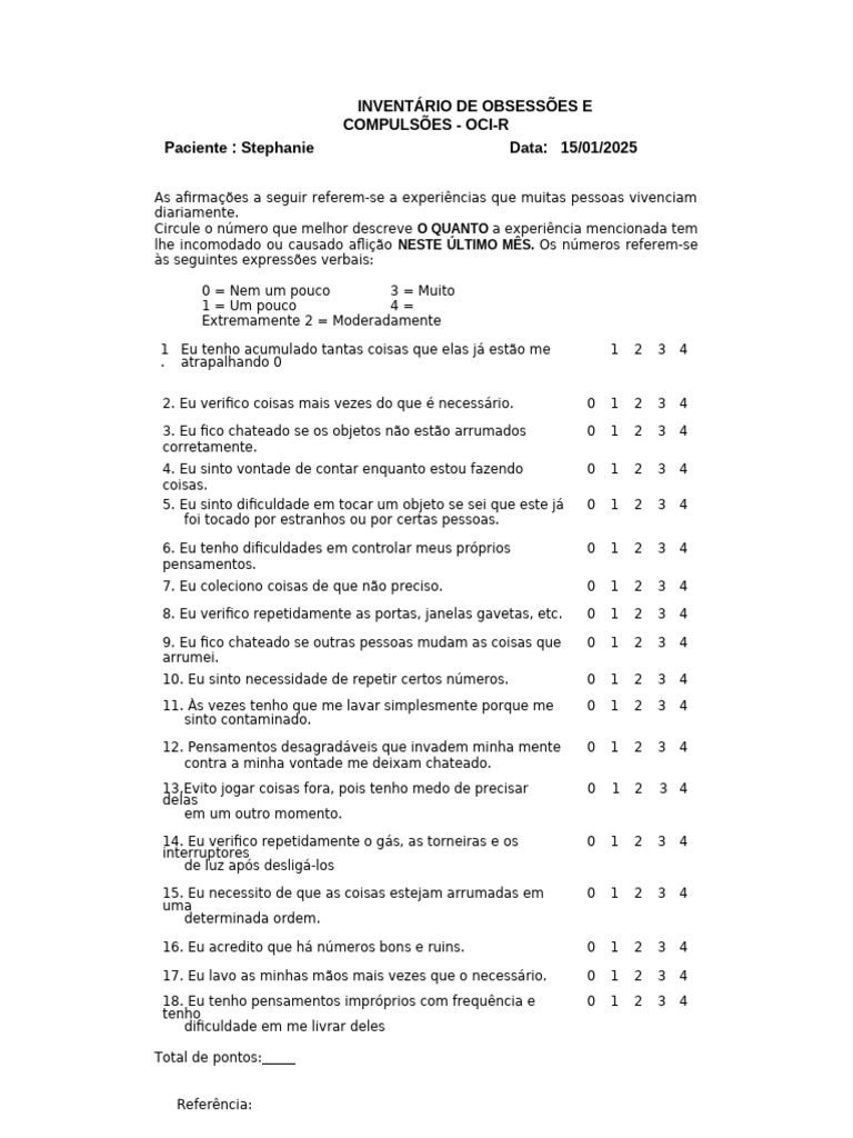Escala OCI-R | PDF | Pensamento