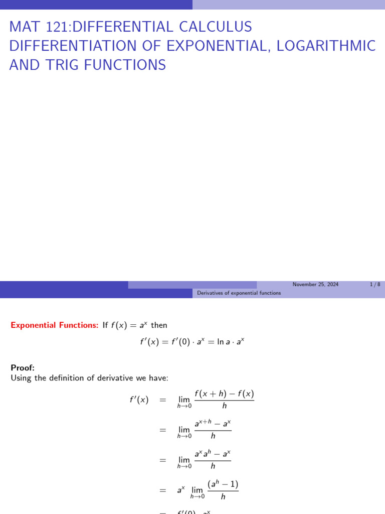 Differentiation of Exp, Log and Trig Functions | PDF | Derivative | Exponential Function