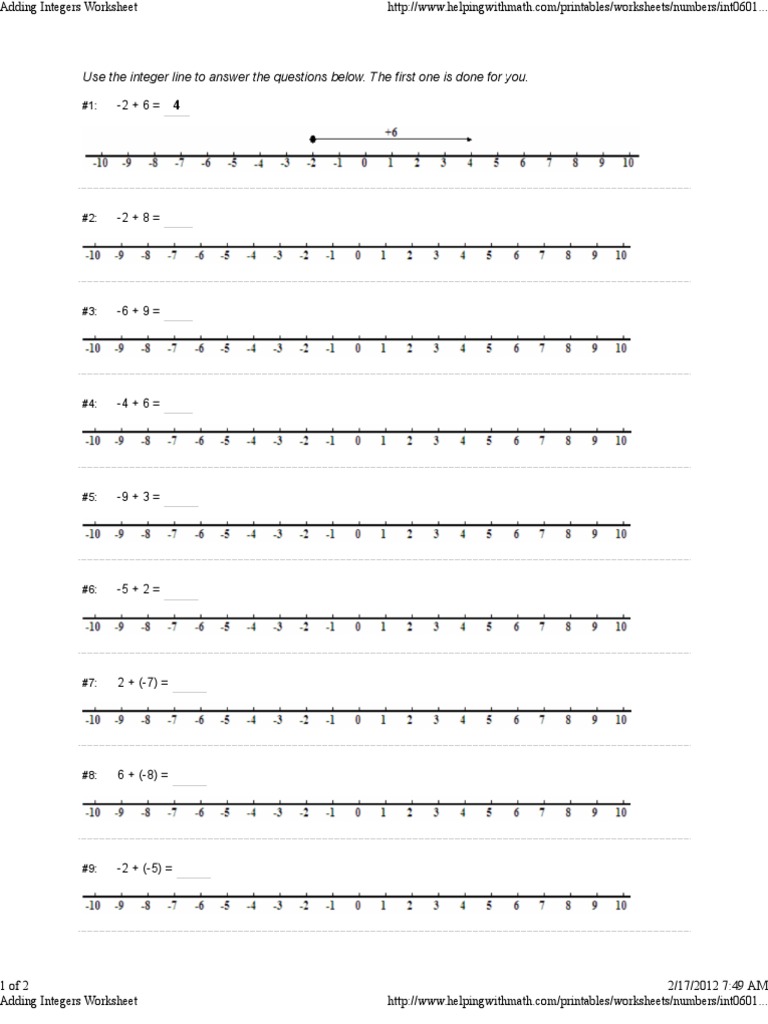 Adding Integers Worksheet for Grades 6-7 | PDF