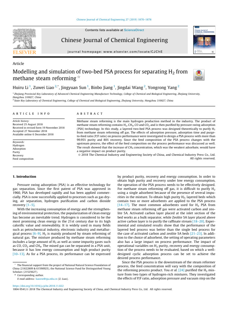 Modelling and Simulation of Two-Bed PSA Process For Separating H2 From ...