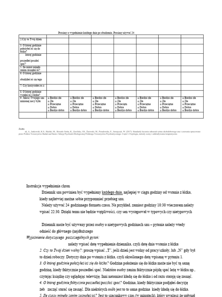 Chronobiologiczny Dziennik Snu | PDF
