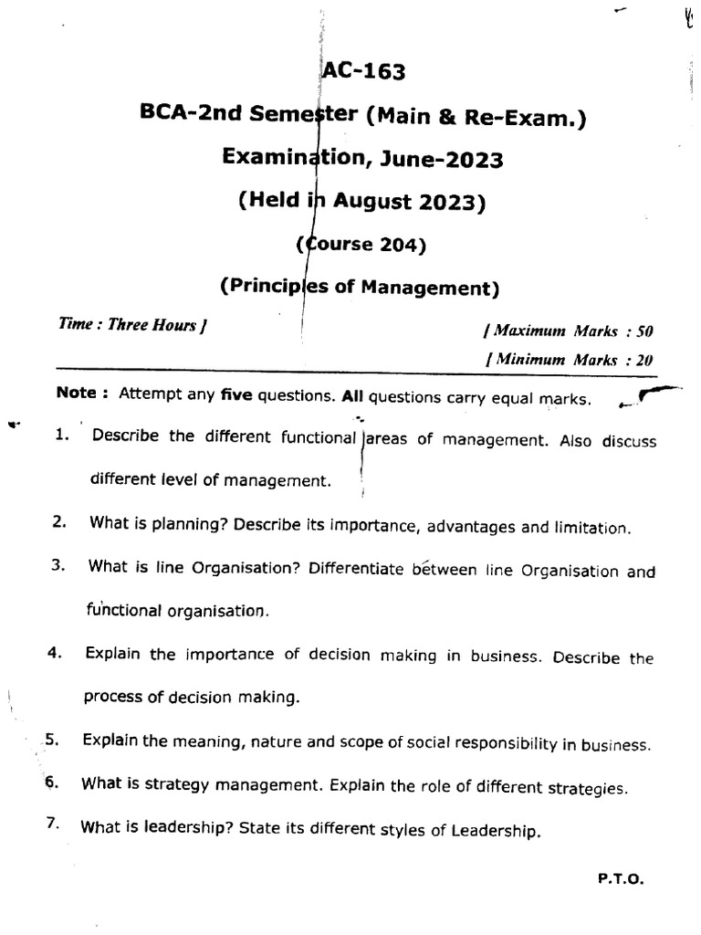 Bca 2 Sem Principles of Management Ac 163 Aug 2023 | PDF