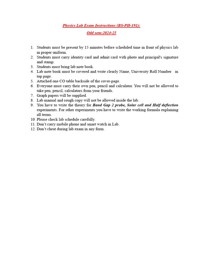 Physics Lab Insturction - 2024-25 - Odd - Sem | PDF