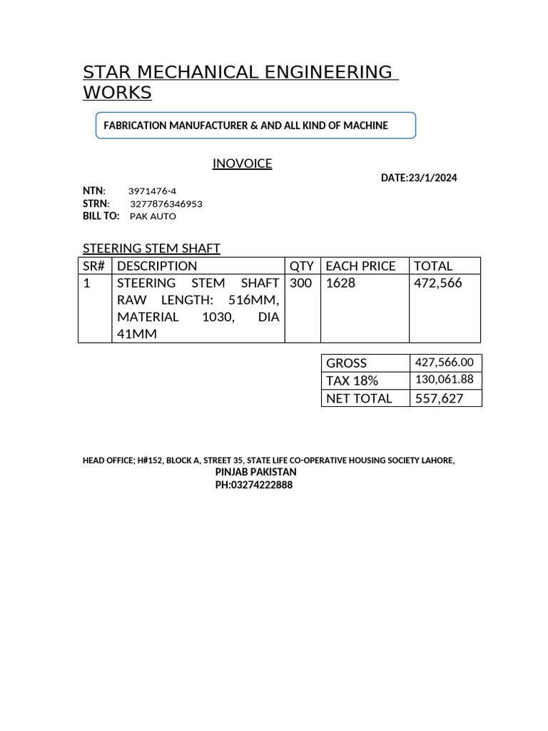Star Mechanical Engineering Works Invoice | PDF