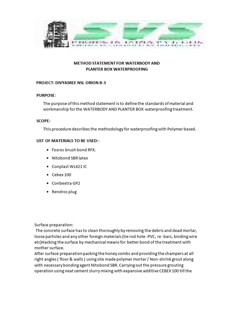 Waterproofing Method for Waterbody & Planter | PDF