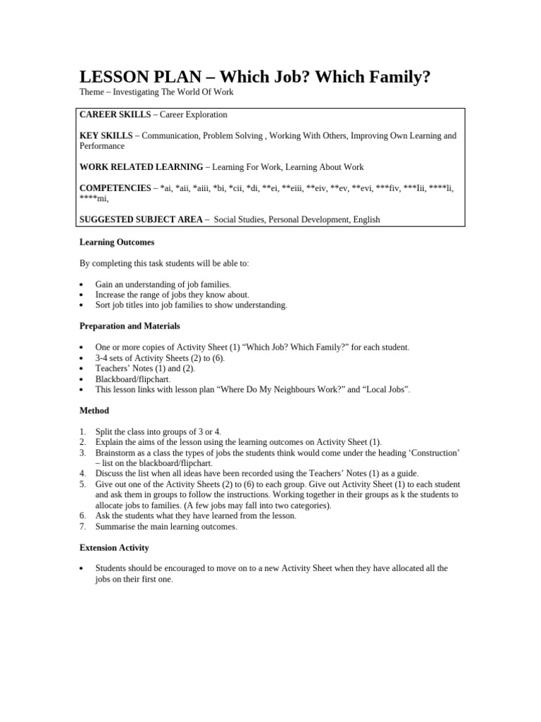 Job Families Lesson Plan for Students | PDF | Lesson Plan | Learning