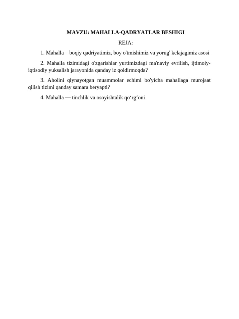 Mahalla-Qadryatlar Beshigi | PDF