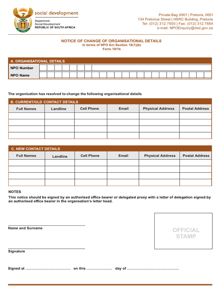 Change of NPO Contact Details Form | PDF