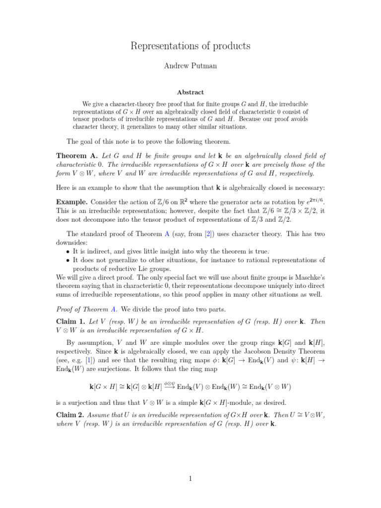 (Andrew Putman) Representations of Products | PDF | Representation ...