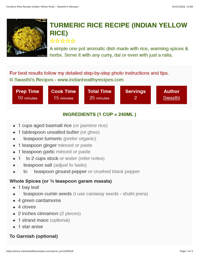 Turmeric Rice Recipe (Indian Yellow Rice) - Swasthi's Recipes | PDF ...