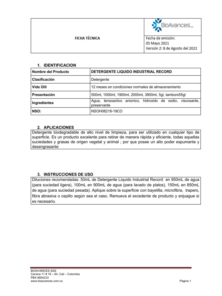 FT Detergente Biode-Liquido Industrial Record | PDF | Detergente | Agua