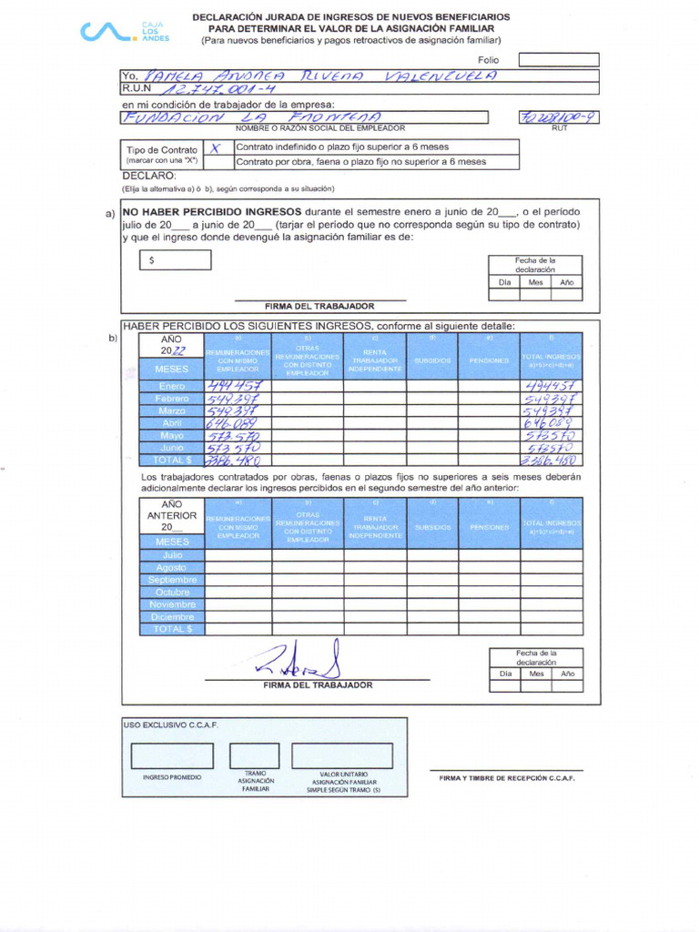 Declaración de Ingreso Ccaf | PDF
