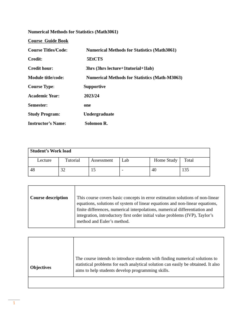 Numerical Methods for Statistics Course Outline | PDF | Numerical Analysis | Ordinary ...